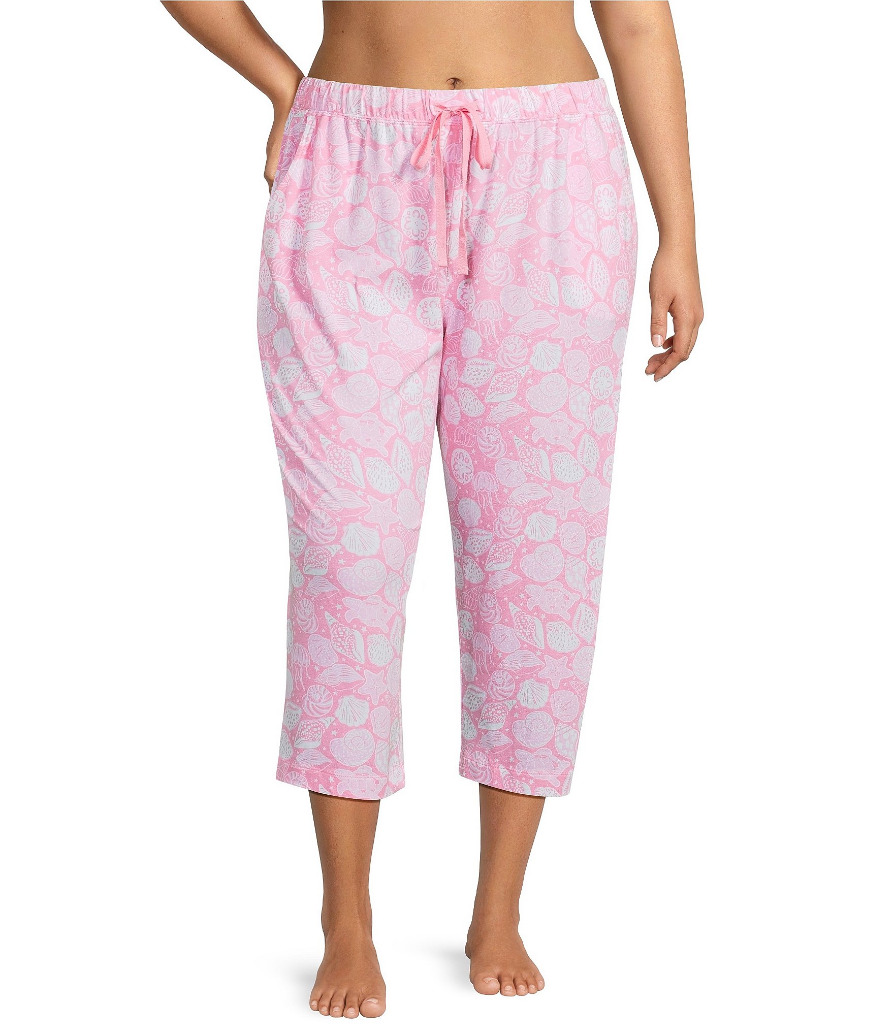 Sleep Sense Plus Size Knit Summer Shell Print Drawstring Tie Coordinating Sleep Capri Pants ...