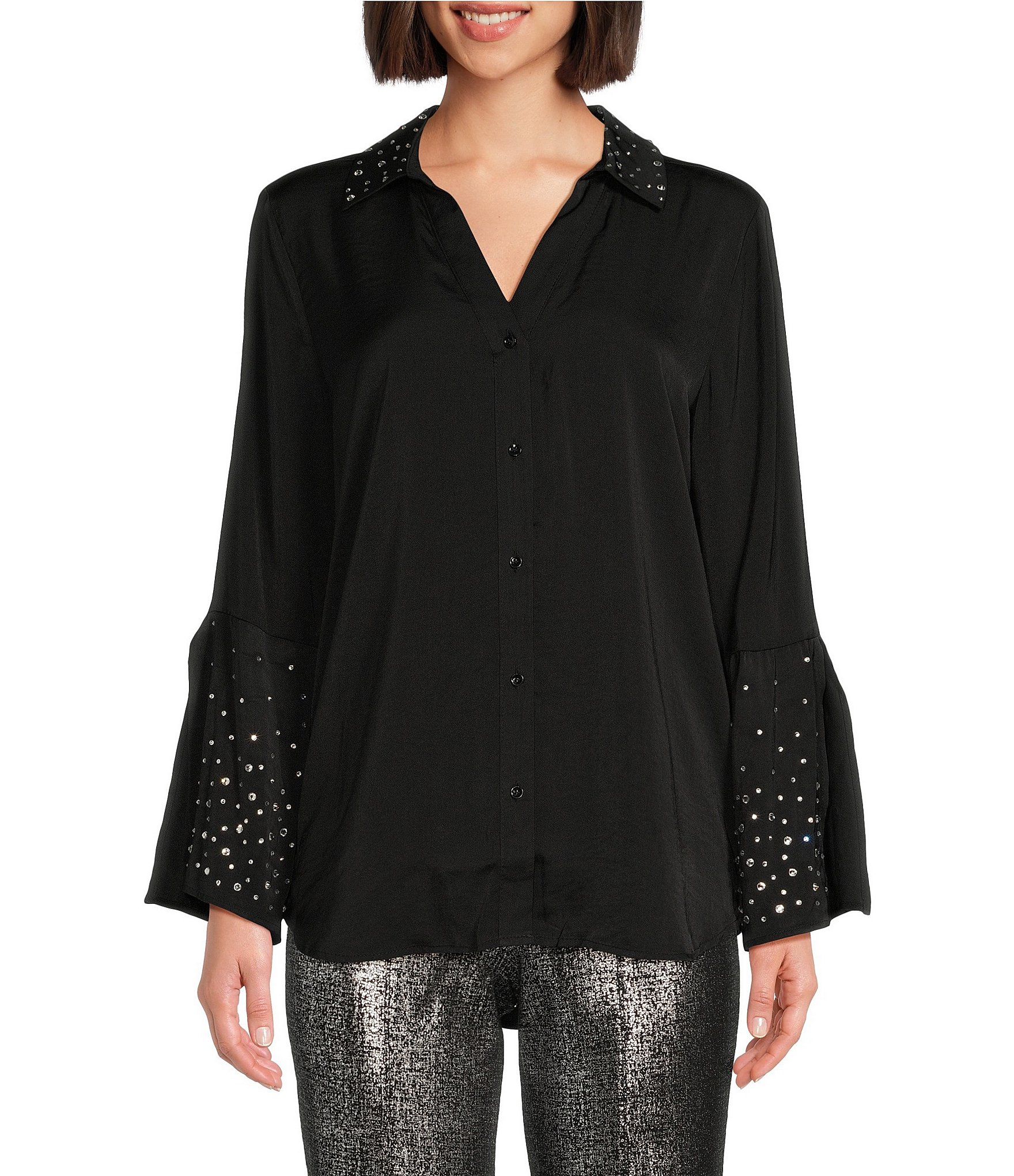 Slim Factor by Investments Y-Neck Button Down High Slit Cuff Collared ...