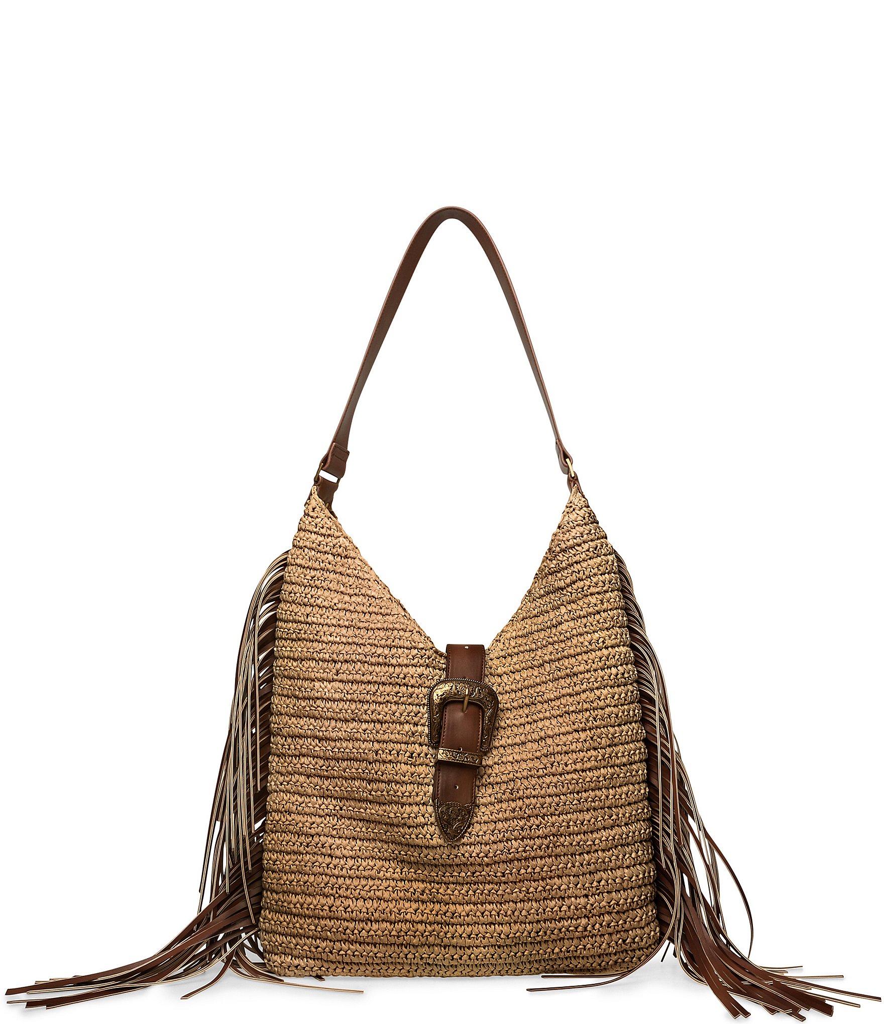 Steve Madden Coltie Western Fringe Buckled Straw Shoulder Bag | Dillard's