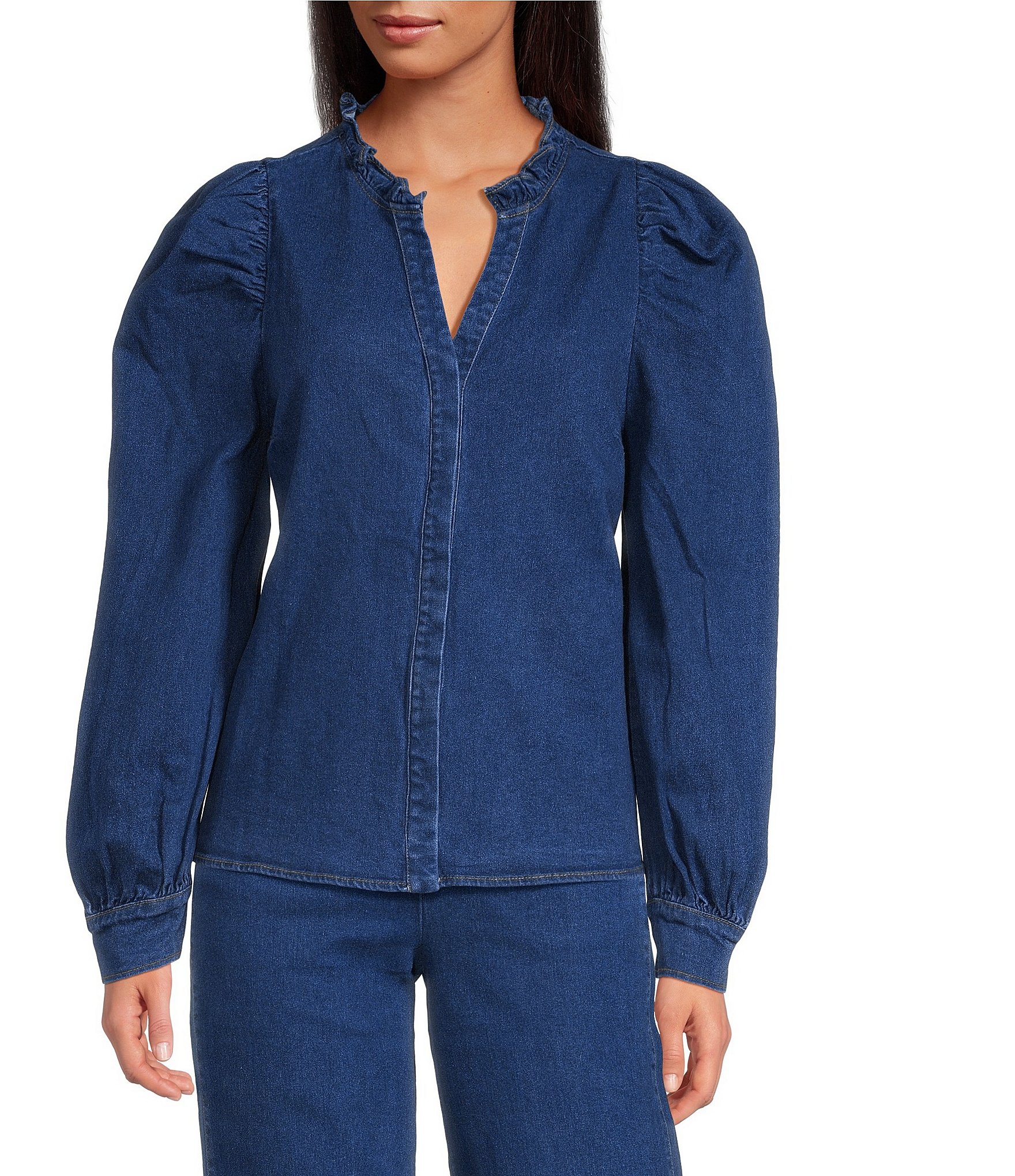 Sugarlips Jamie Stretch Denim Ruffle Split Neck Puff Sleeve Button ...