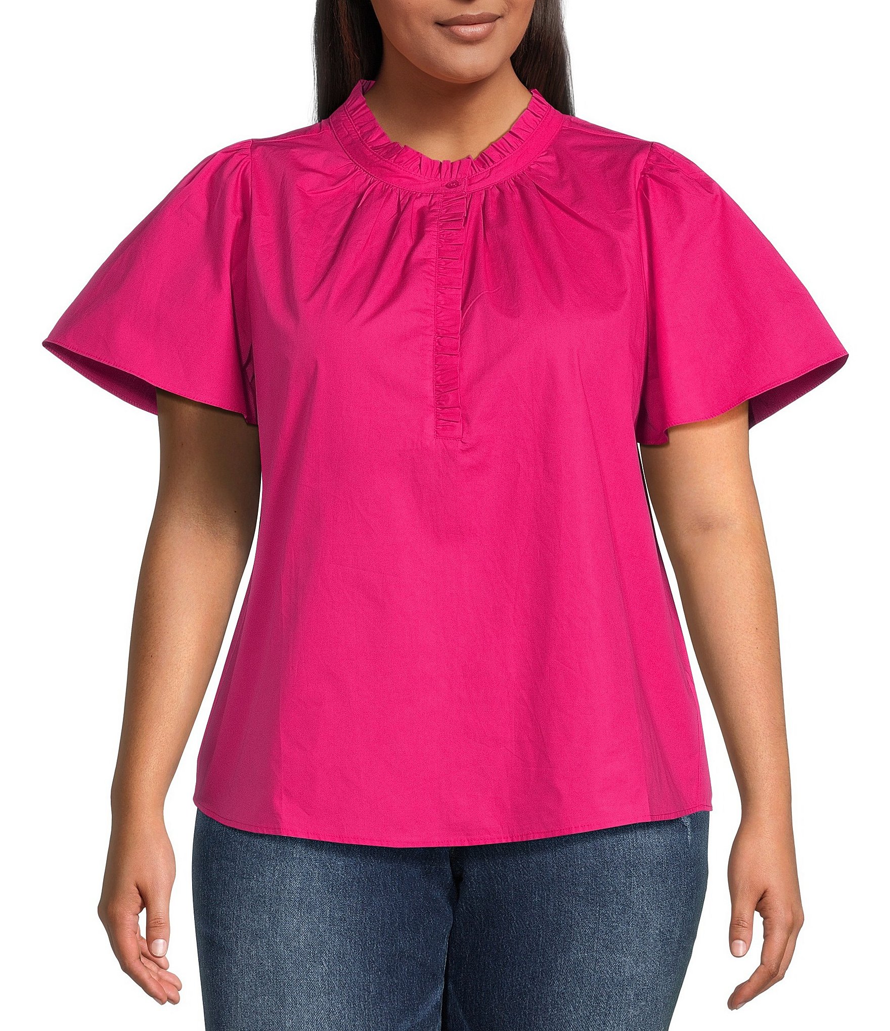 Sugarlips Plus Size Split V-Ruffle Neck Short Sleeve Blouse | Dillard's