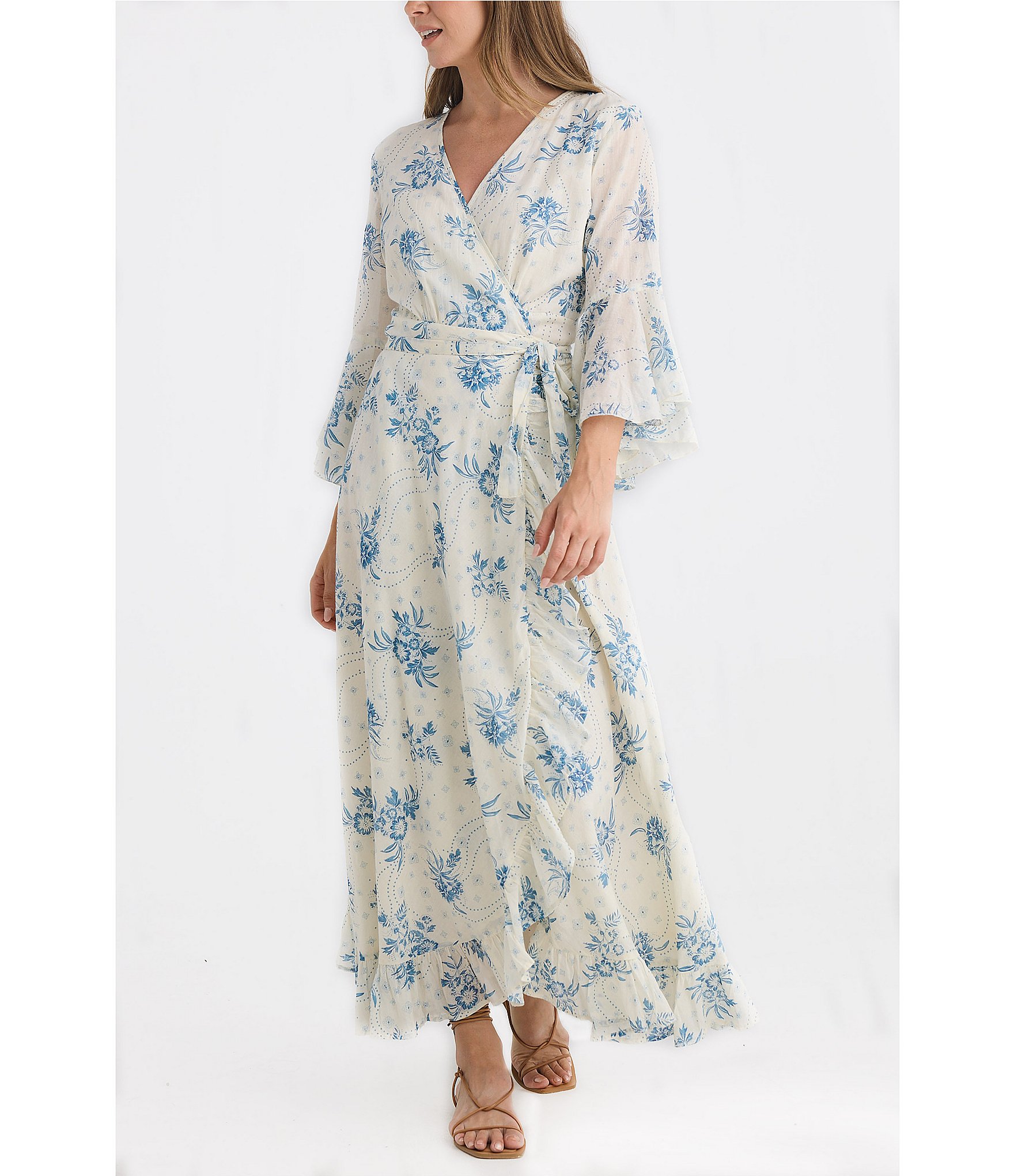 Talisman Carly Bluebell Woven Floral Print V Neck 3 4 Bell Sleeve Wrap