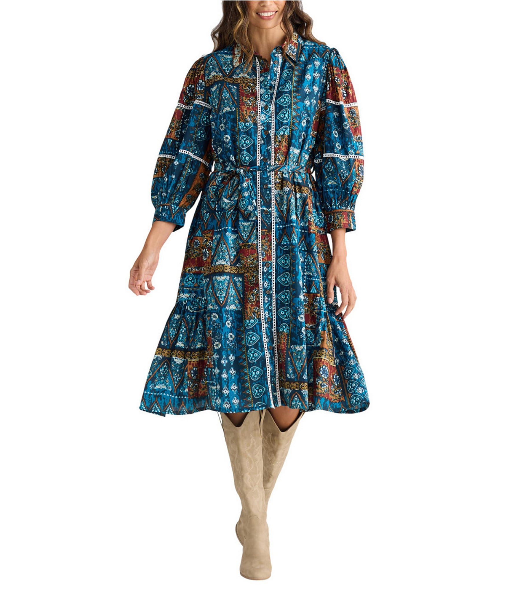 Talisman Castella Patchwork Button Down Collar Long Sleeve Belted ...