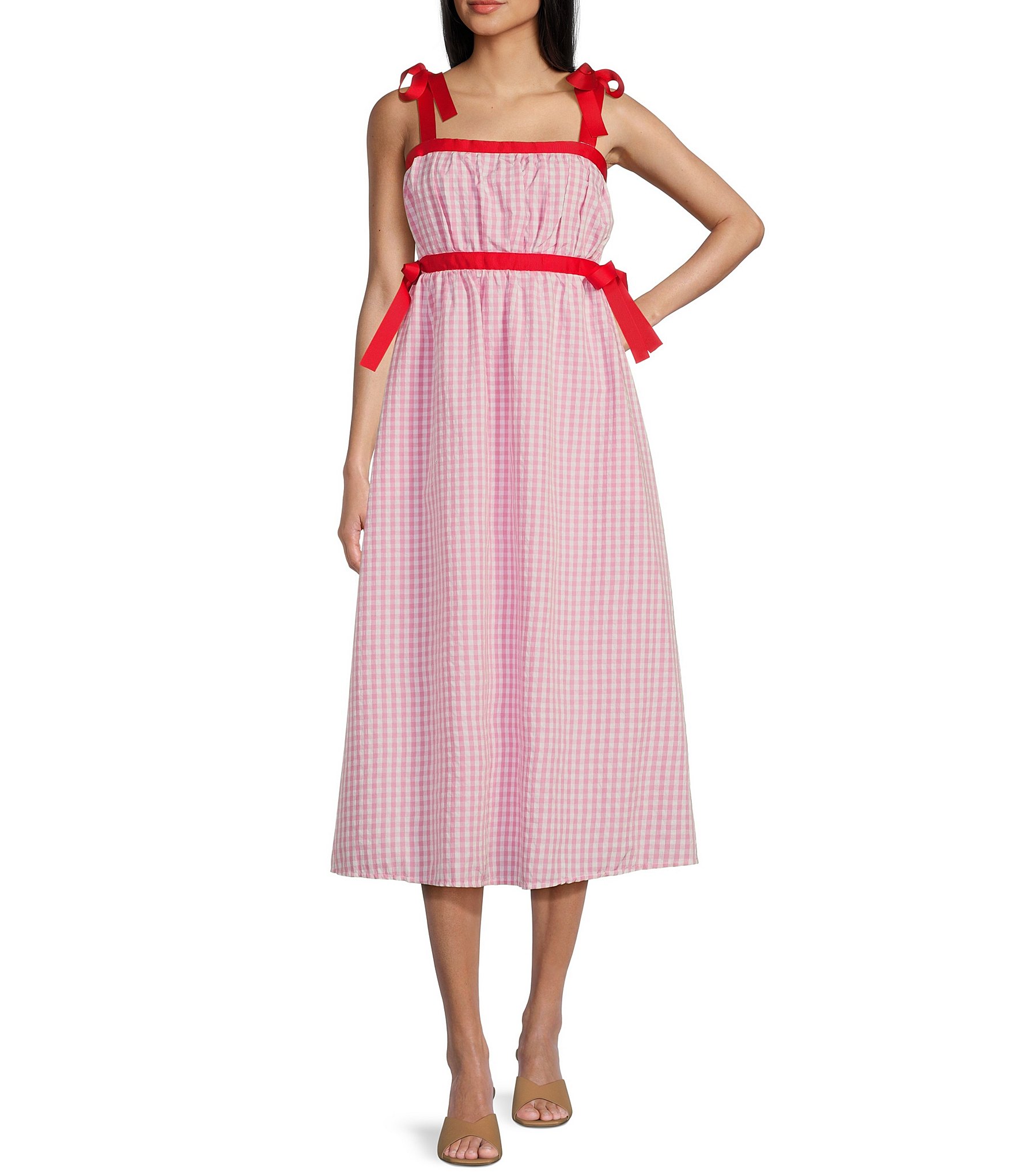 TCEC Gingham Square Neck Tie Shoulder Midi Dress | Dillard's