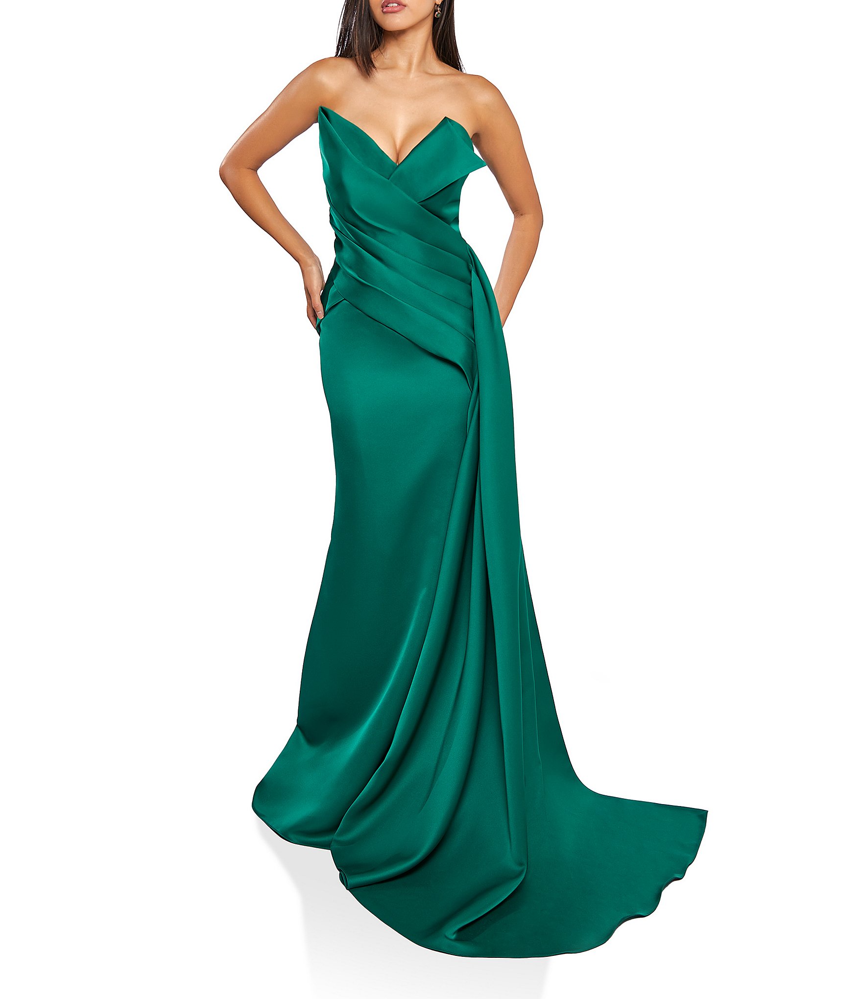 Terani Couture Satin Strapless Sleeveless Drape Side Mermaid Gown ...