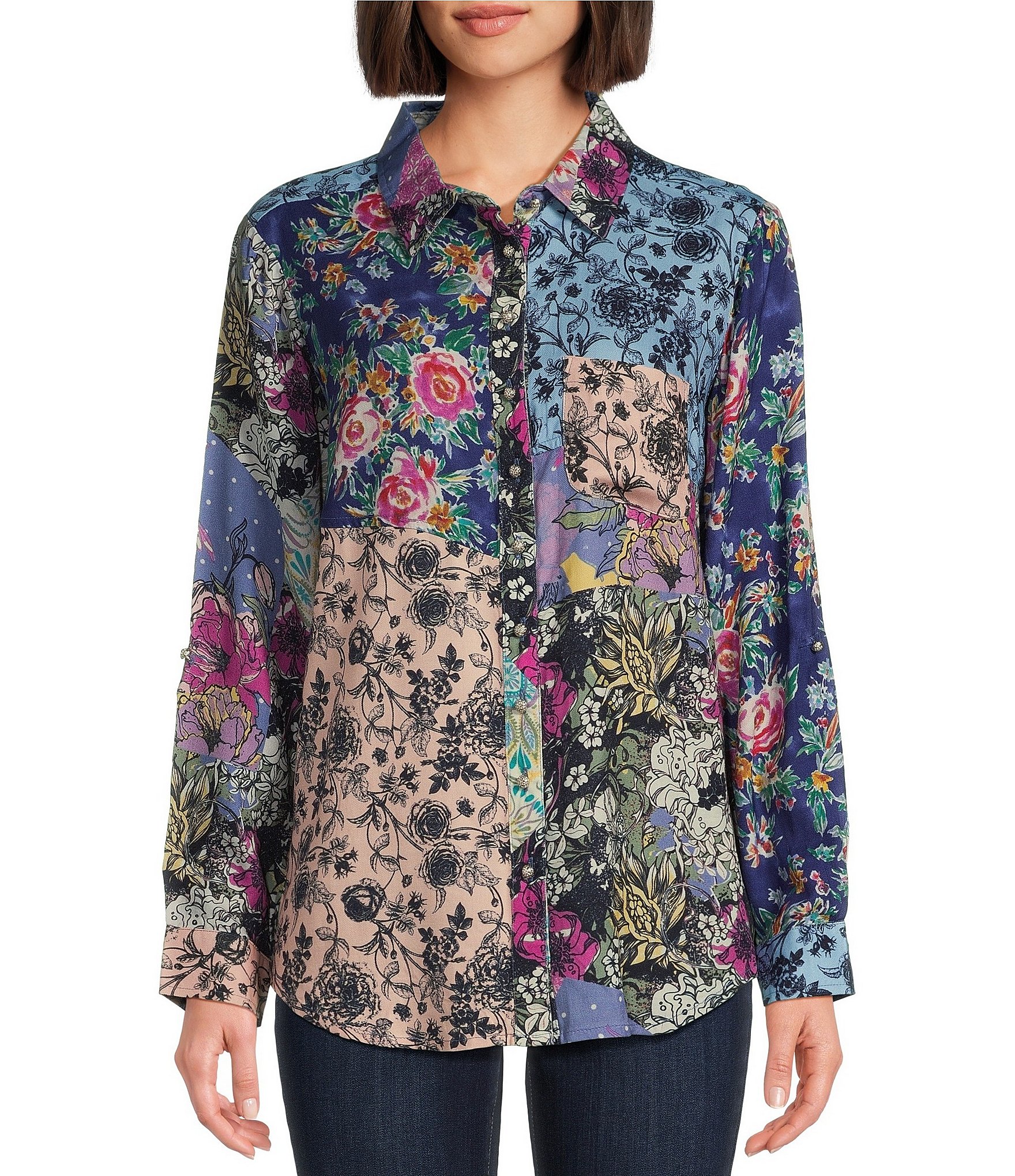Tru Luxe Jeans Floral Patchwork Print Collared Neck Roll Tab Sleeve Top ...