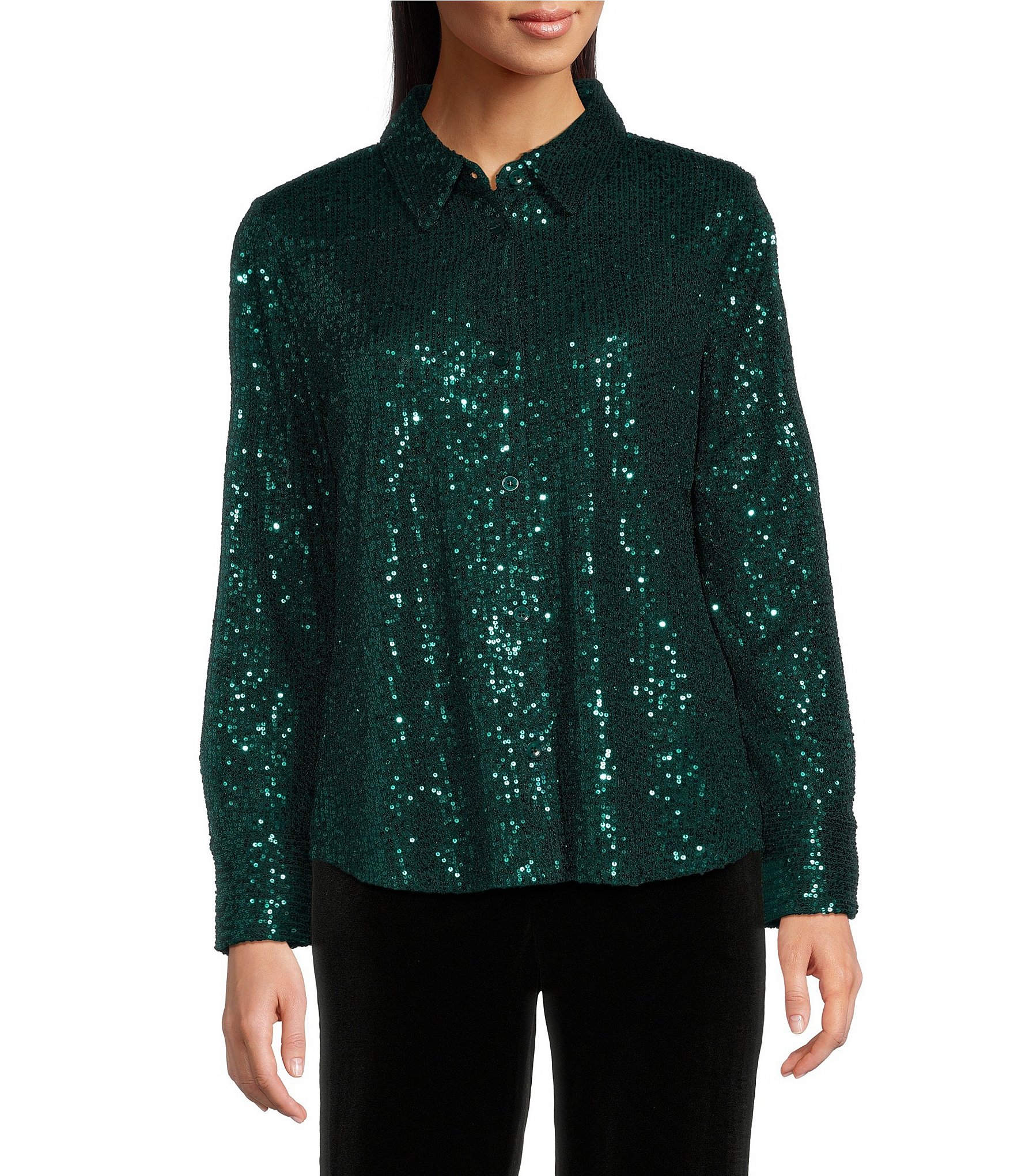 Tru Luxe Jeans Mesh Sequin Button Down Collared Long Sleeve Top | Dillard's
