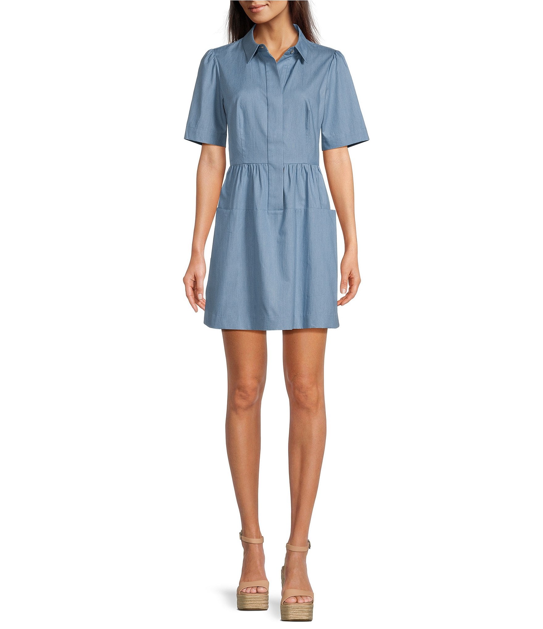 Tyler Boe Jordan Chambray Denim Point Collar Short Sleeve Cinched Waist