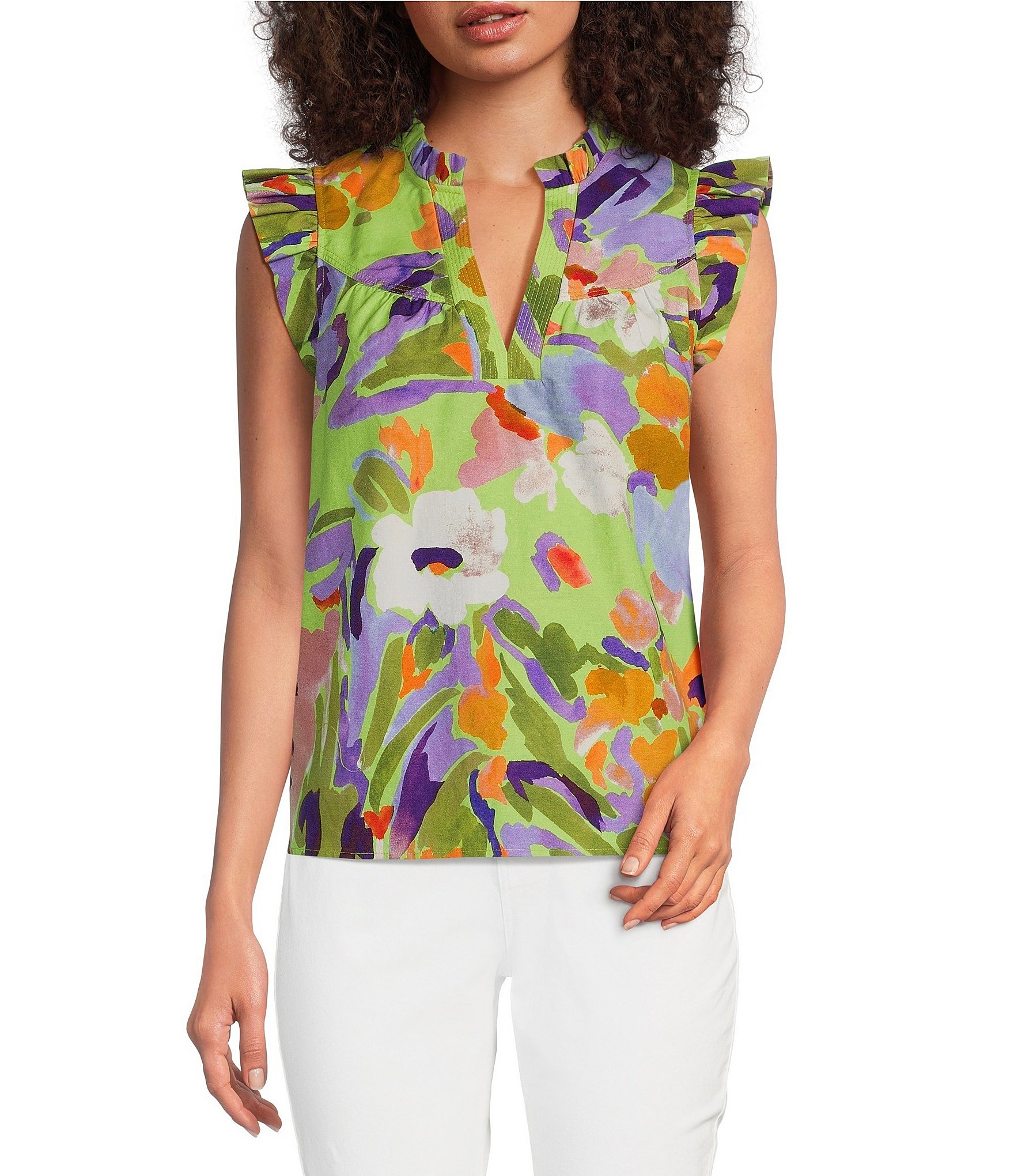 tyler boe Piper Floral Split Ruffle V-Neck Flutter Sleeve Top | Dillard's