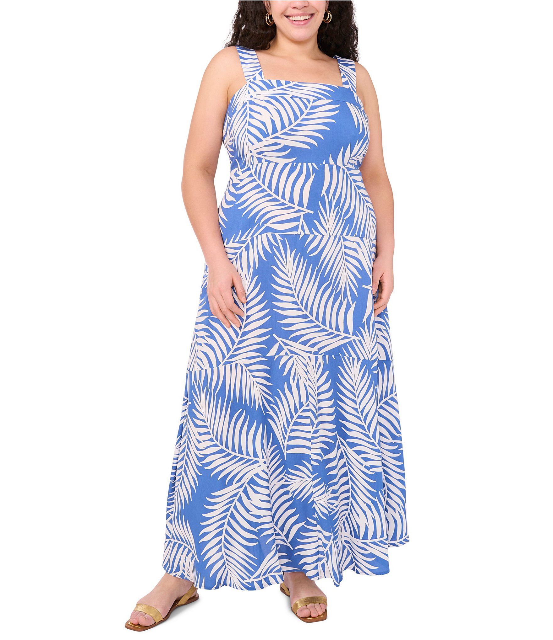 Vince Camuto Plus Size Palm Print Square Neck Sleeveless Maxi Shift