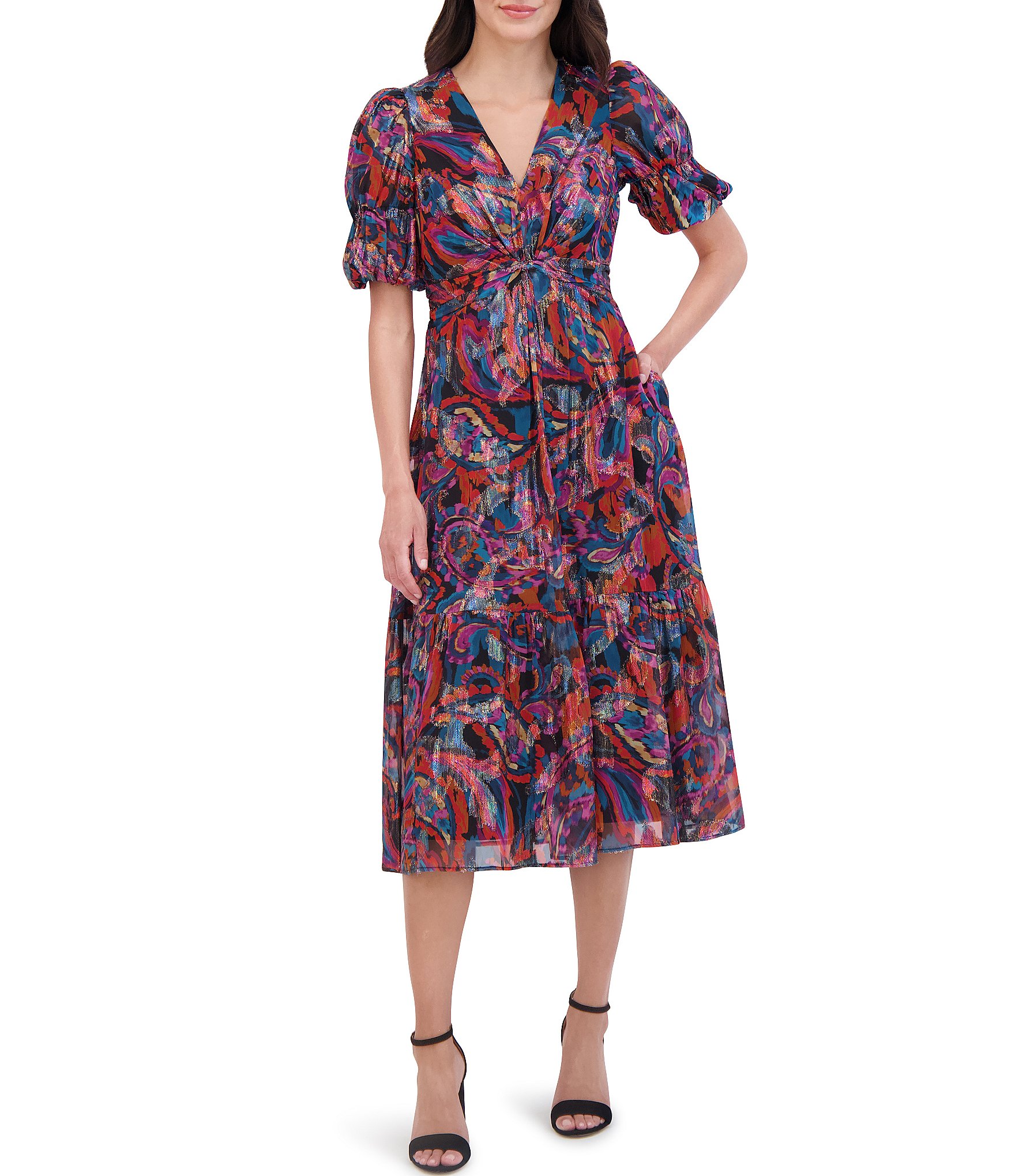 Vince Camuto V Neck Short Puffed Sleeve A Line Dress Dillards