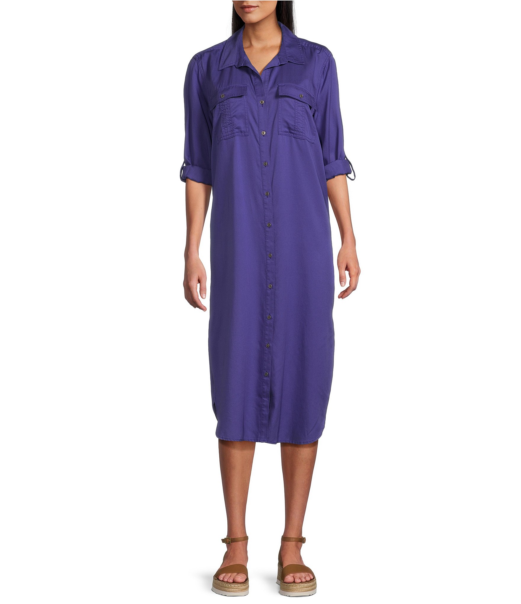 Westbound 3/4 Roll-Tab Sleeve Button Front Midi Shirt Dress | Dillard's