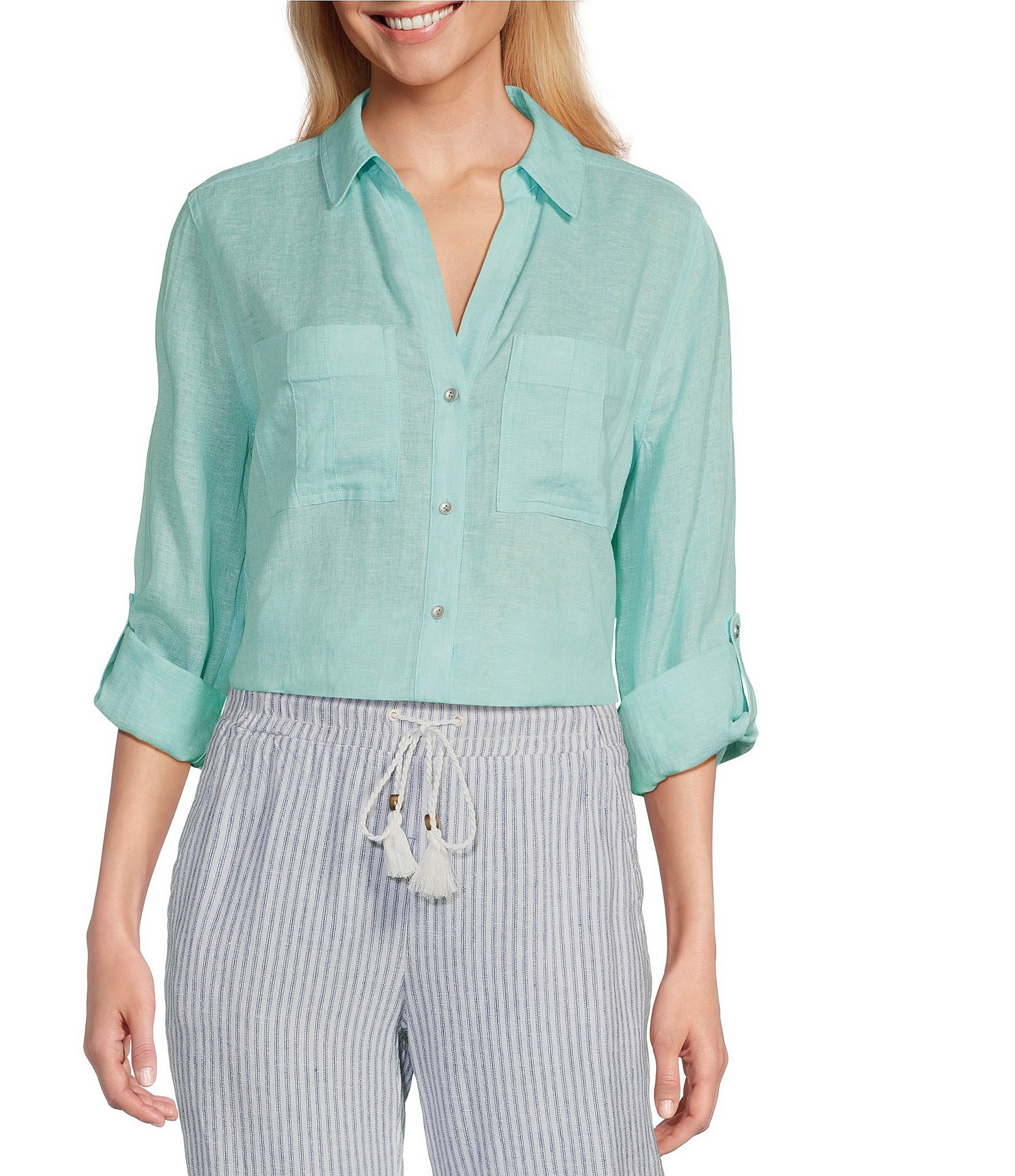 Westbound 3/4 Roll-Tab Sleeve Point Collar Y-Neck Button Front Shirt ...