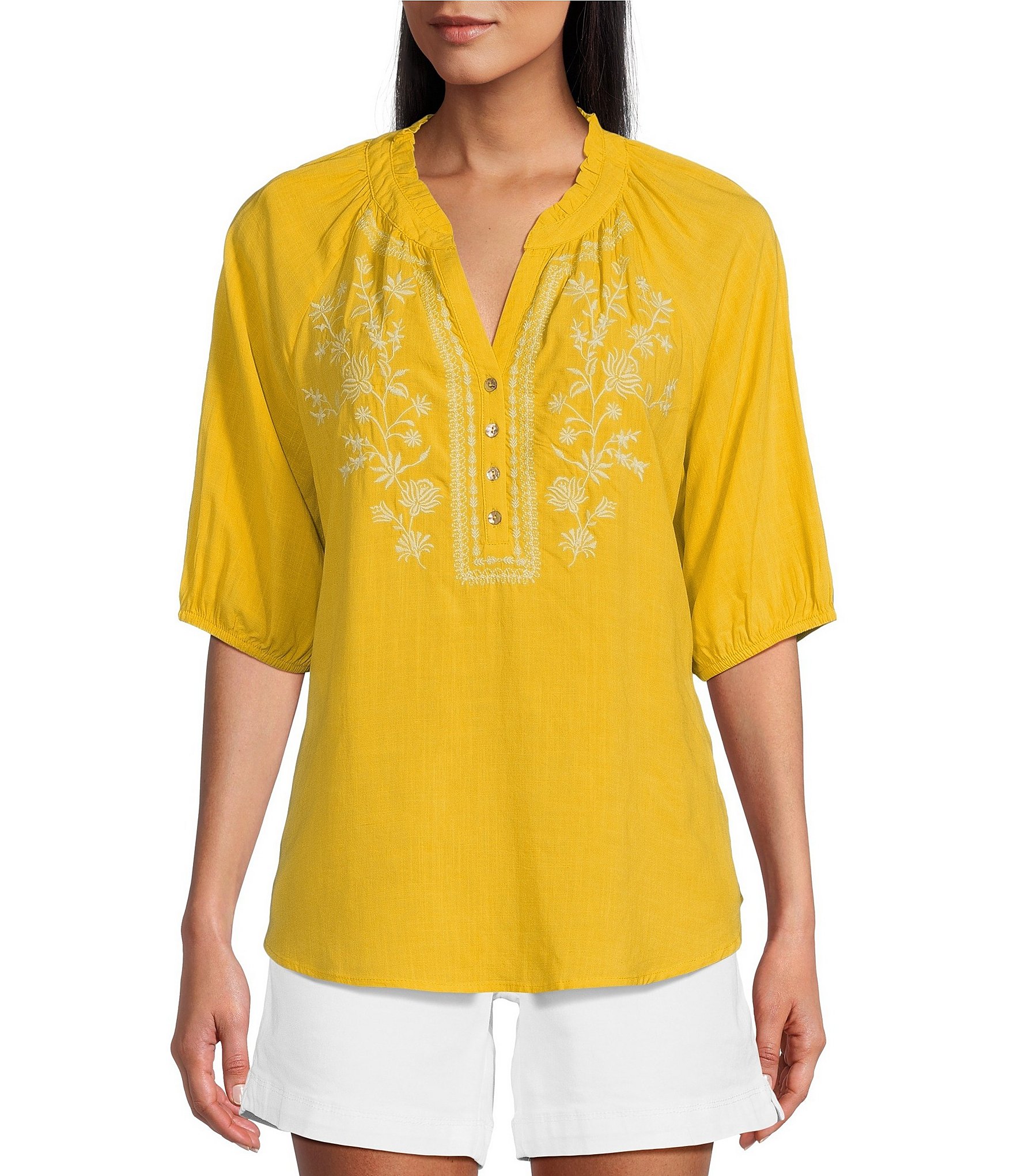 Westbound 3 4 Sleeve Ruffle V Neck Embroidered Yoke Button Front Top