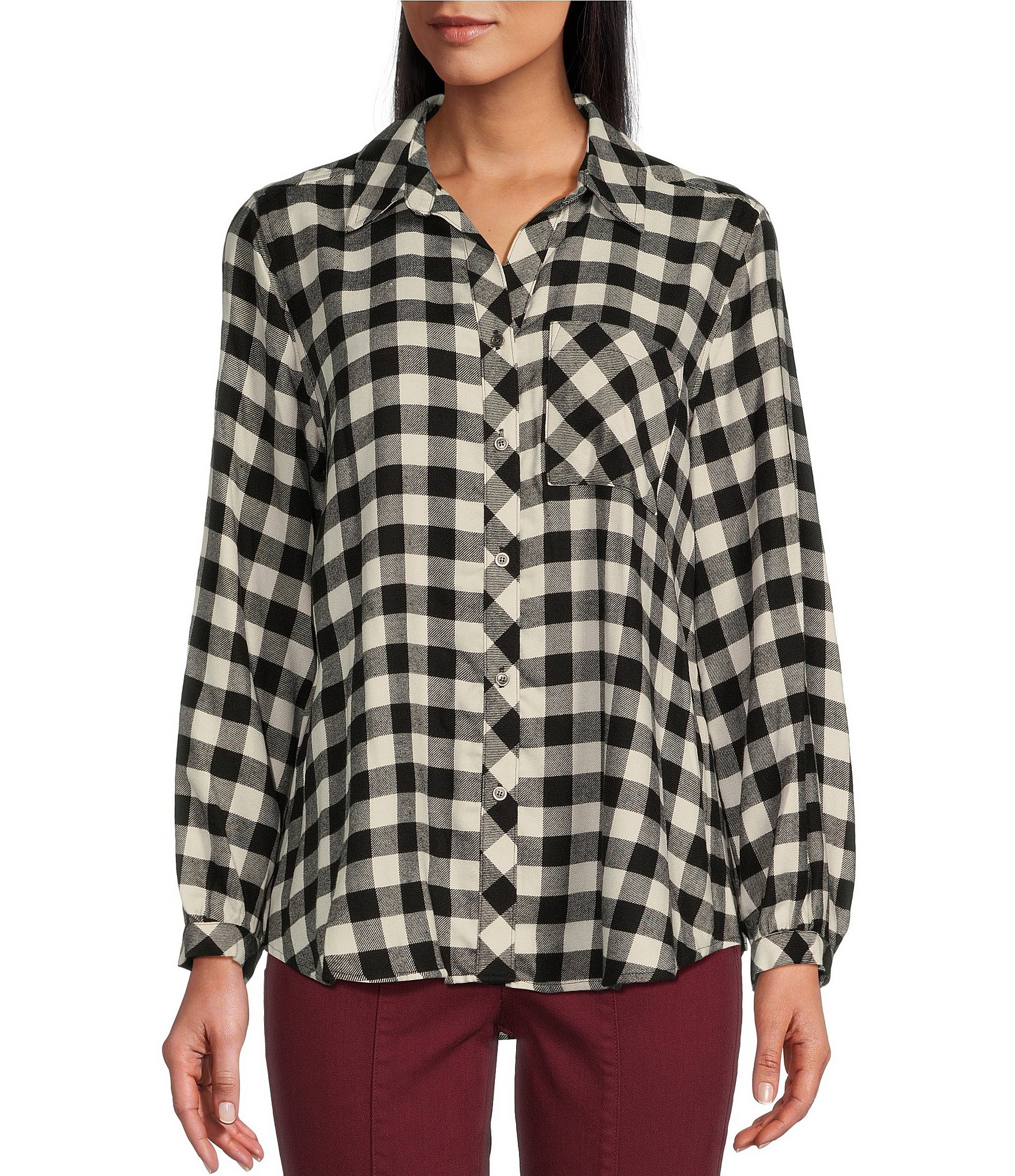 Westbound Buffalo Plaid Long Sleeve Y-Neck Button Front Collared Top ...