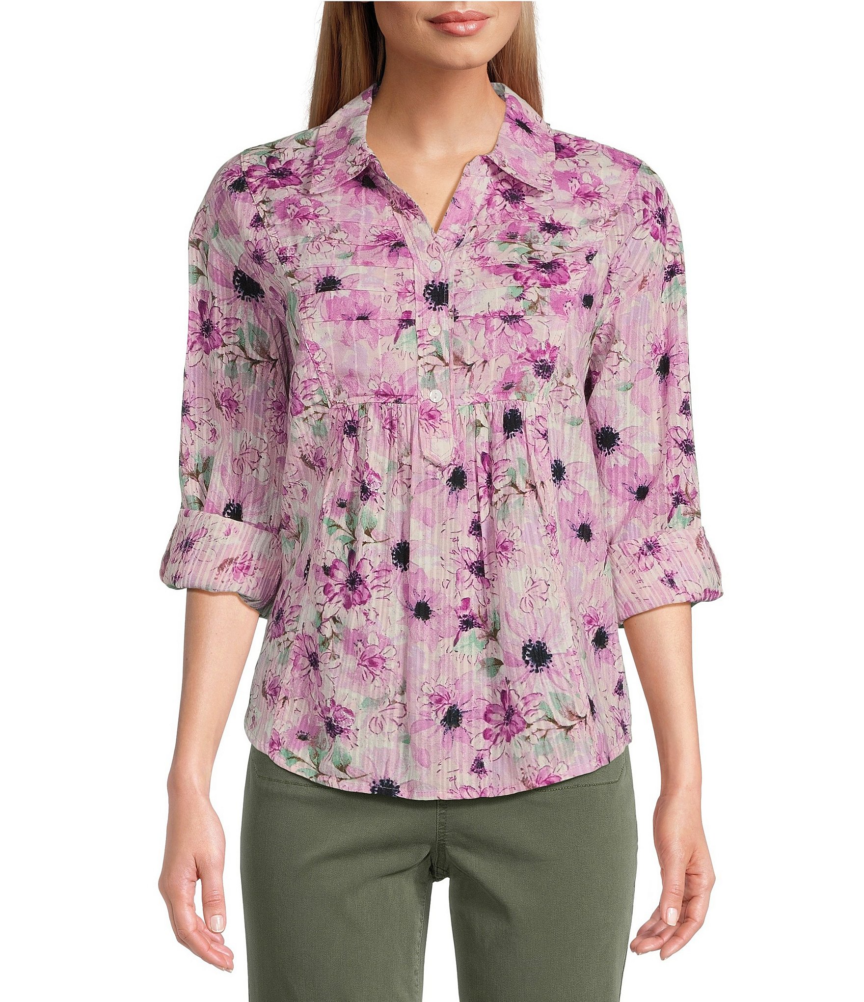 Westbound Cherry Blossom Roll Tab 3/4 Sleeve Point Collar Henley Top ...