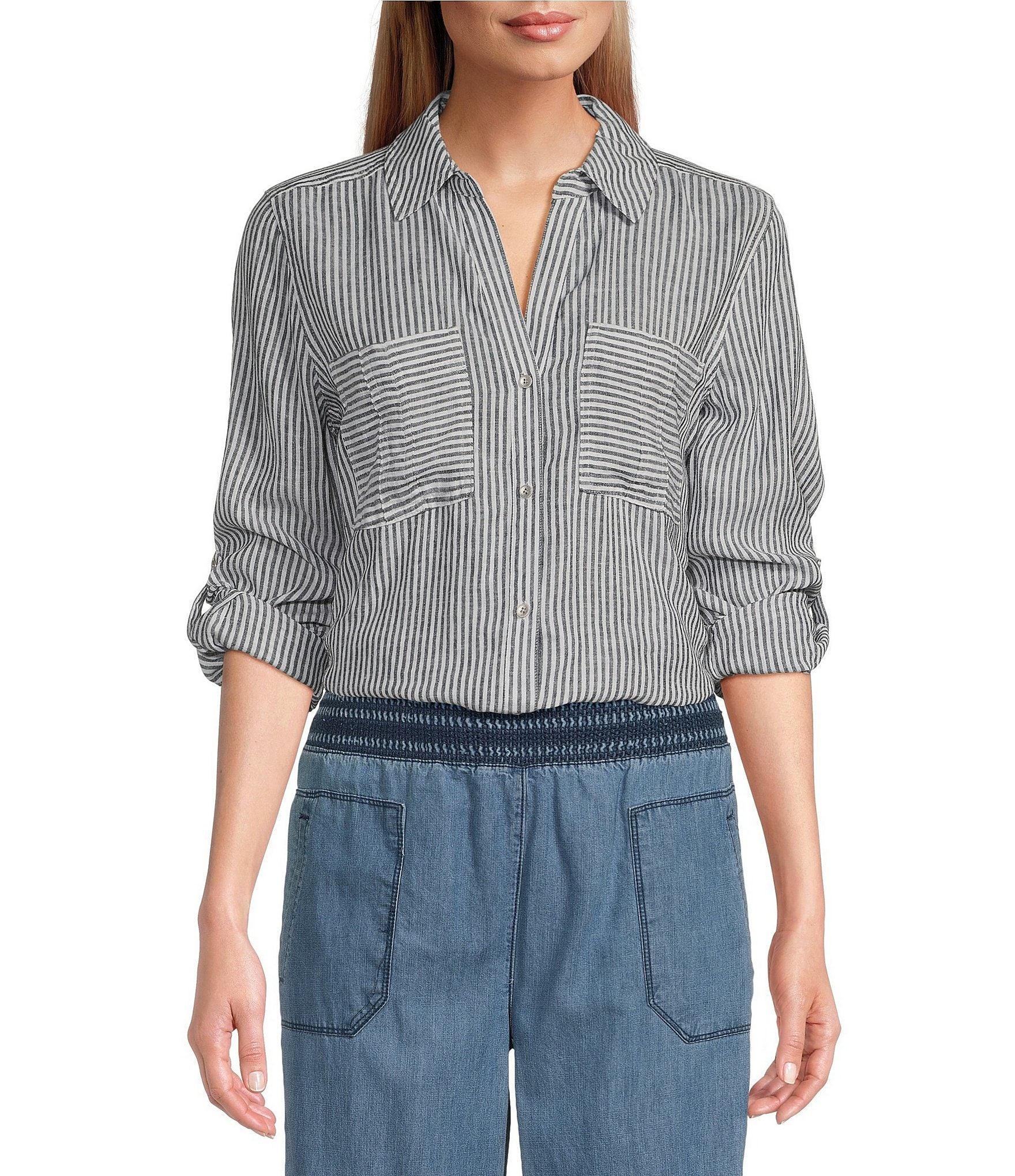 Westbound Petite Size 3/4 Roll-Tab Sleeve Point Collar Y-Neck Button ...