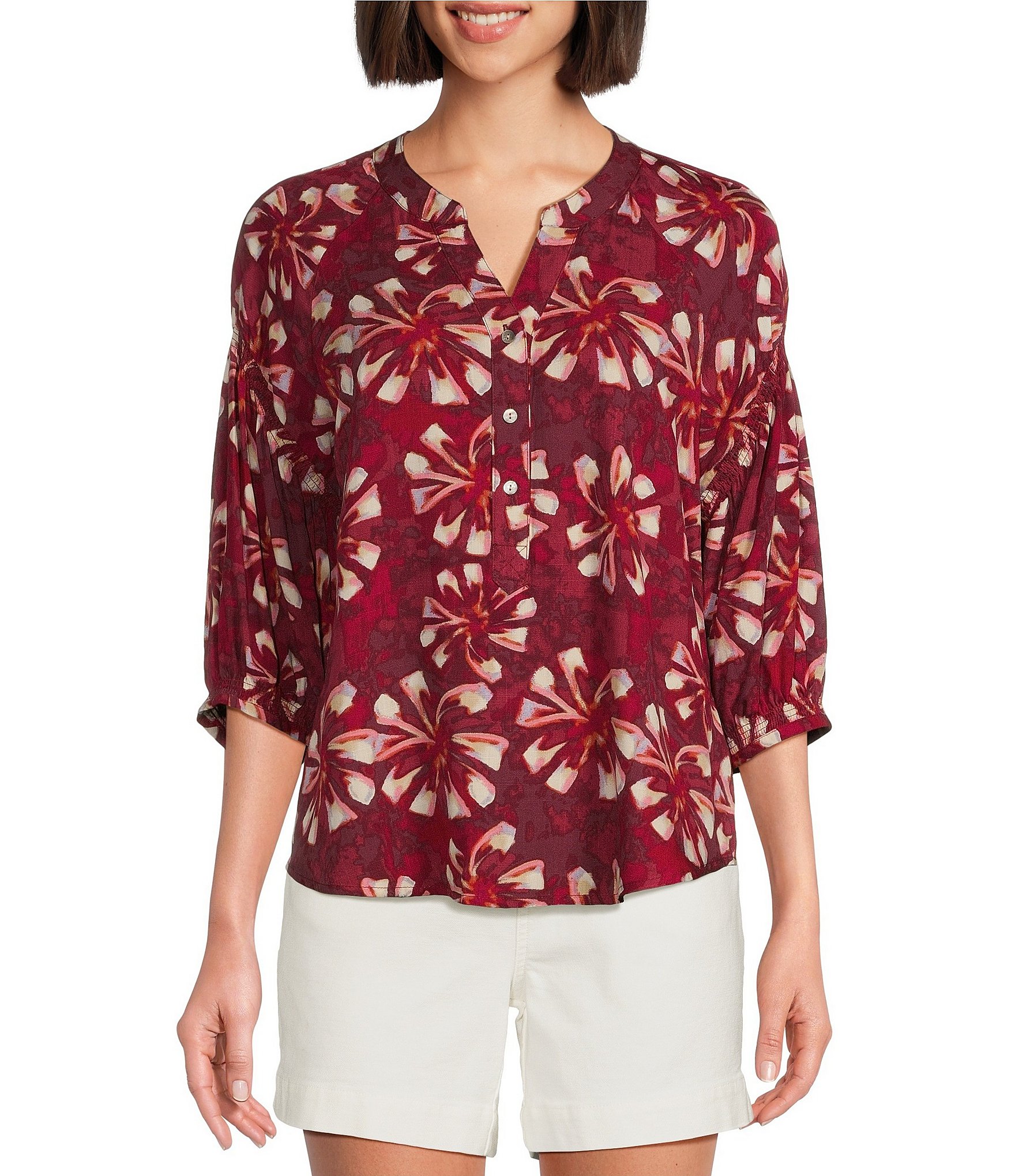 Westbound Petite Size Abstract Elbow Puff Sleeve Partial Button Front ...