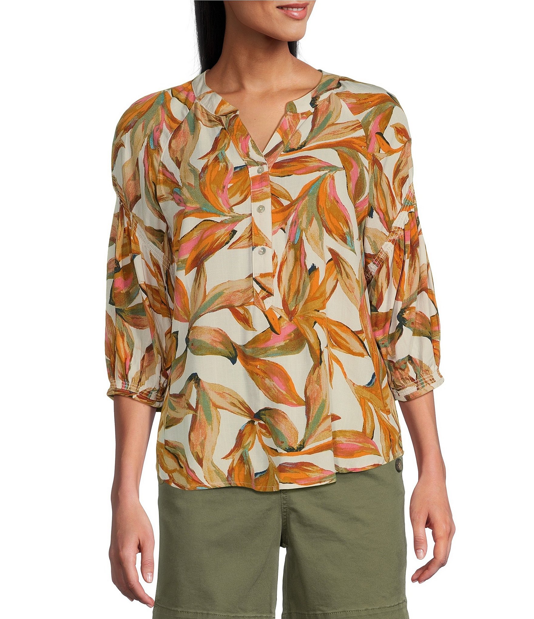 Westbound Petite Size Floral Elbow Puff Sleeve Partial Button Front Top ...