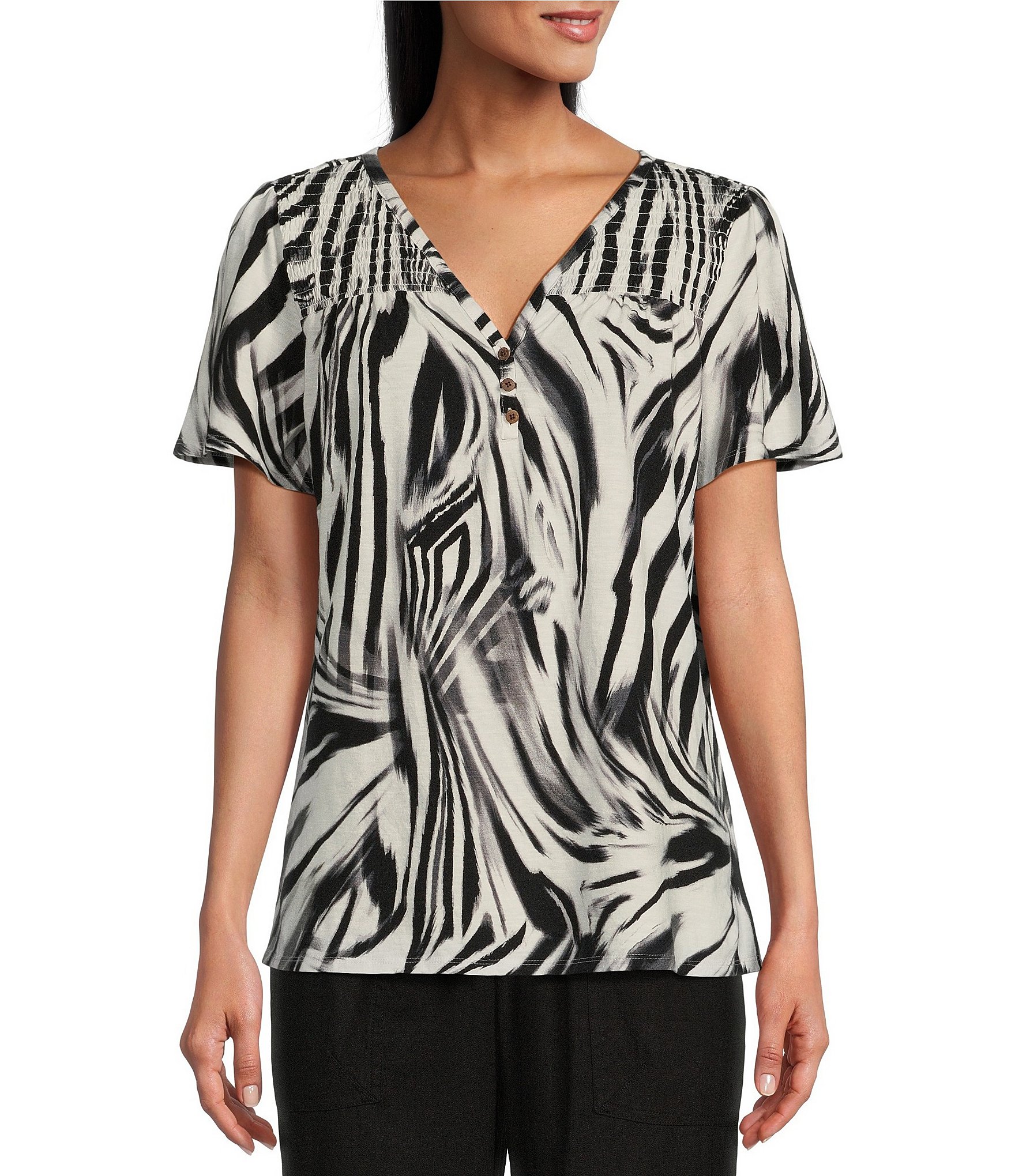 Westbound Petite Size Flutter Sleeve Smocked Zebra Top | Dillard's Westbound Petite Size Flutter Sleeve Smocked Zebra Top | Dillard's