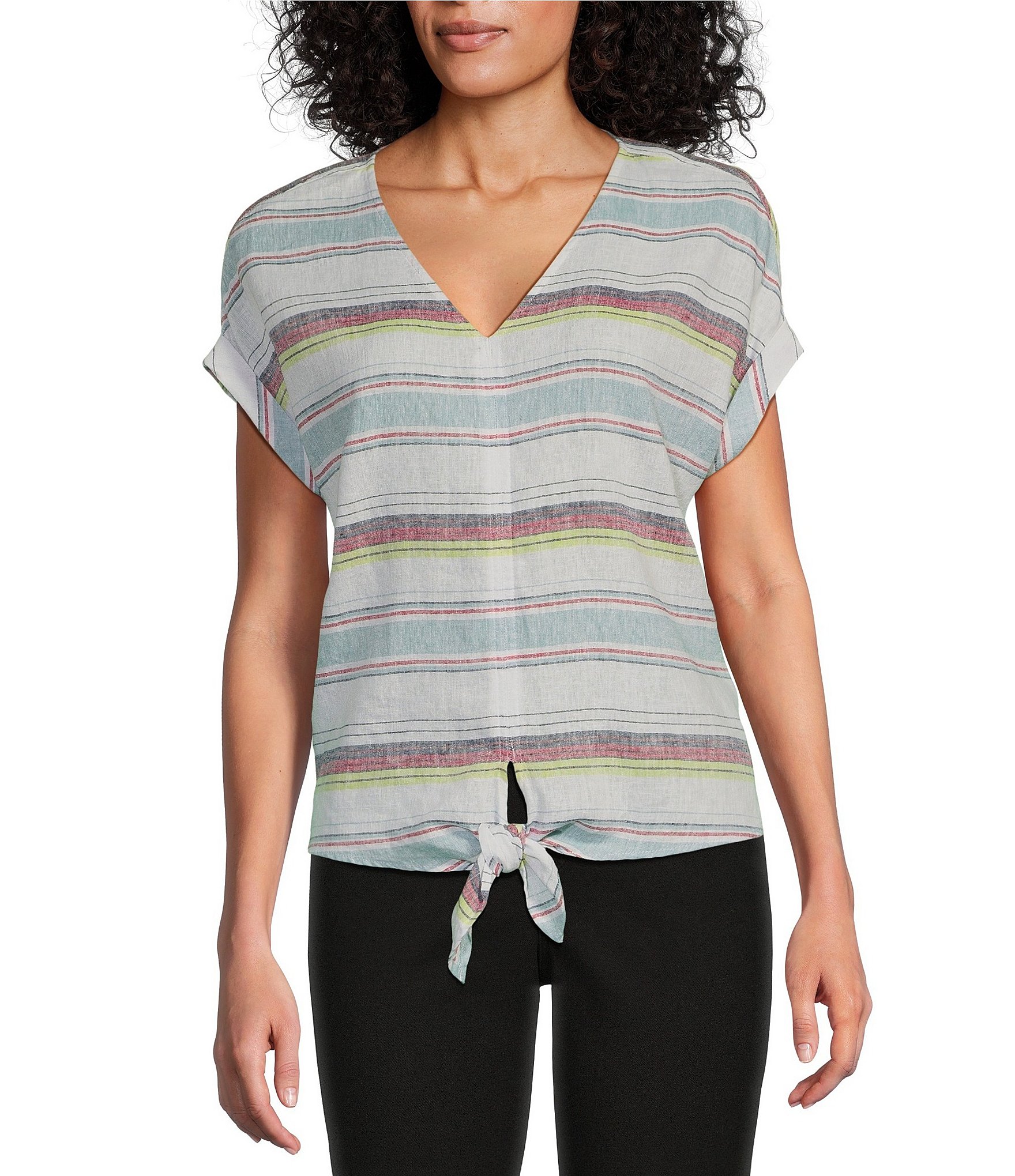 Westbound Petite Size Meadow Stripe Short Sleeve V-Neck Tie Front Top | Dillard's