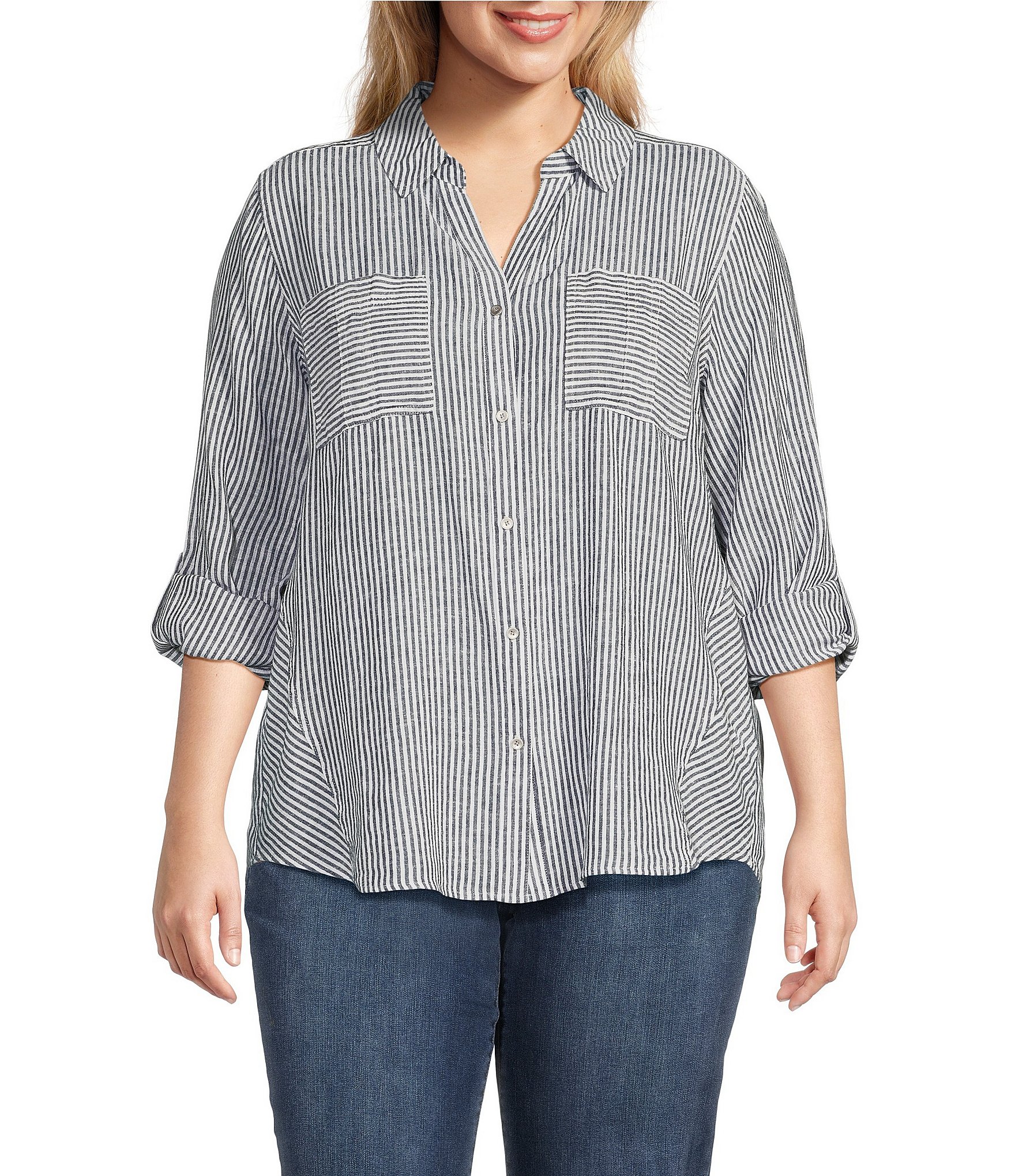 Westbound Plus Size 3/4 Roll-Tab Sleeve Point Collar Y-Neck Button ...