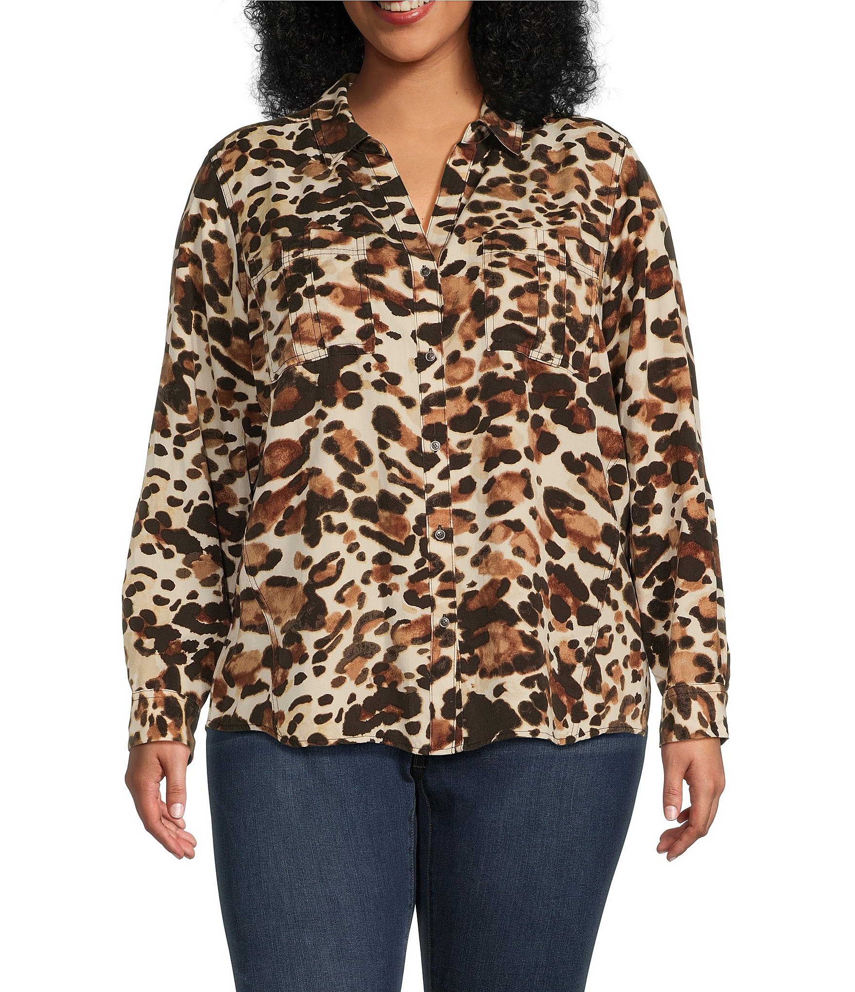 Westbound Plus Size Leopard Print Woven Long Roll-Tab Sleeve Point ...