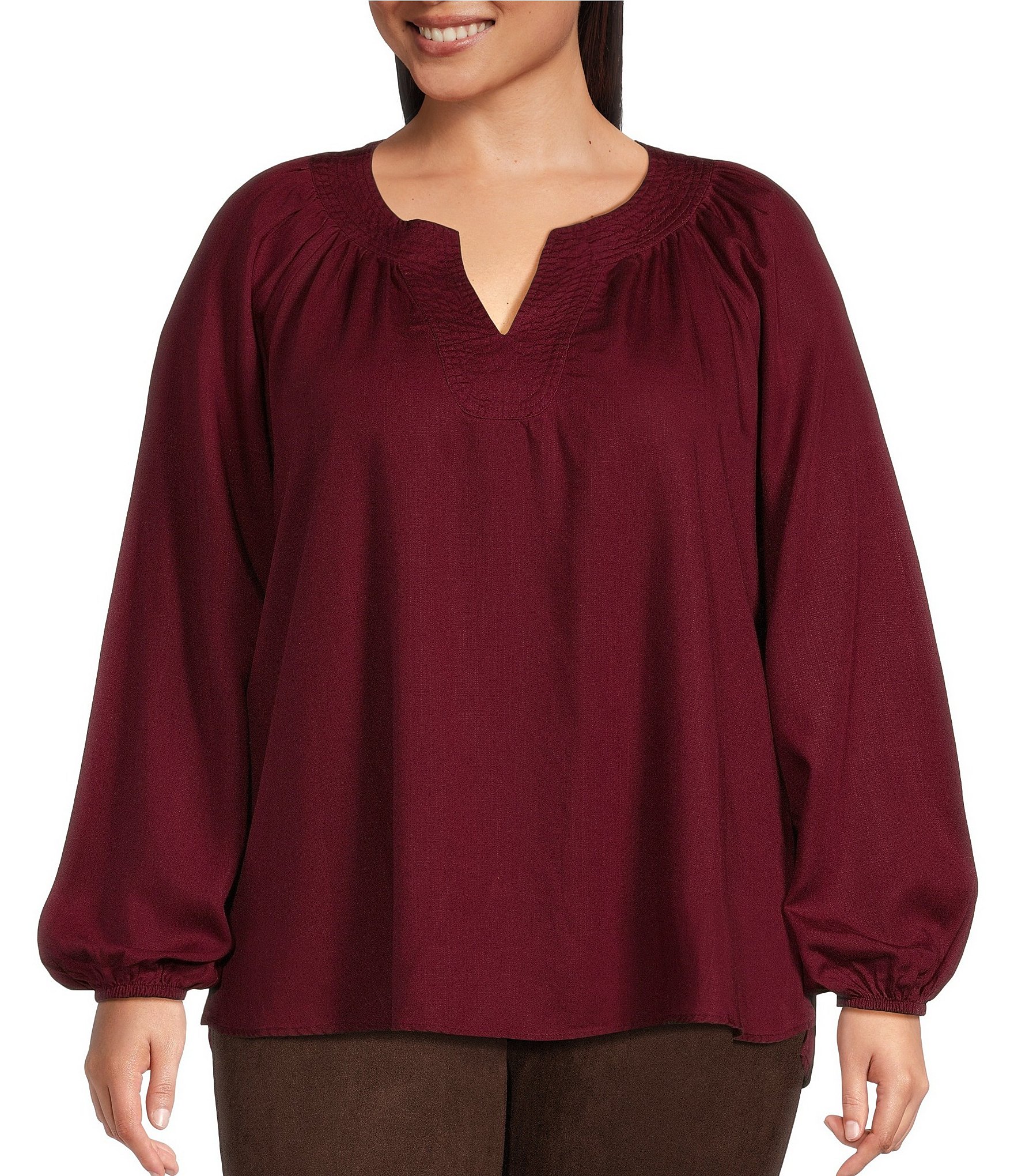 Westbound Plus Size Long Sleeve Split V-Neck Pullover Top | Dillard's
