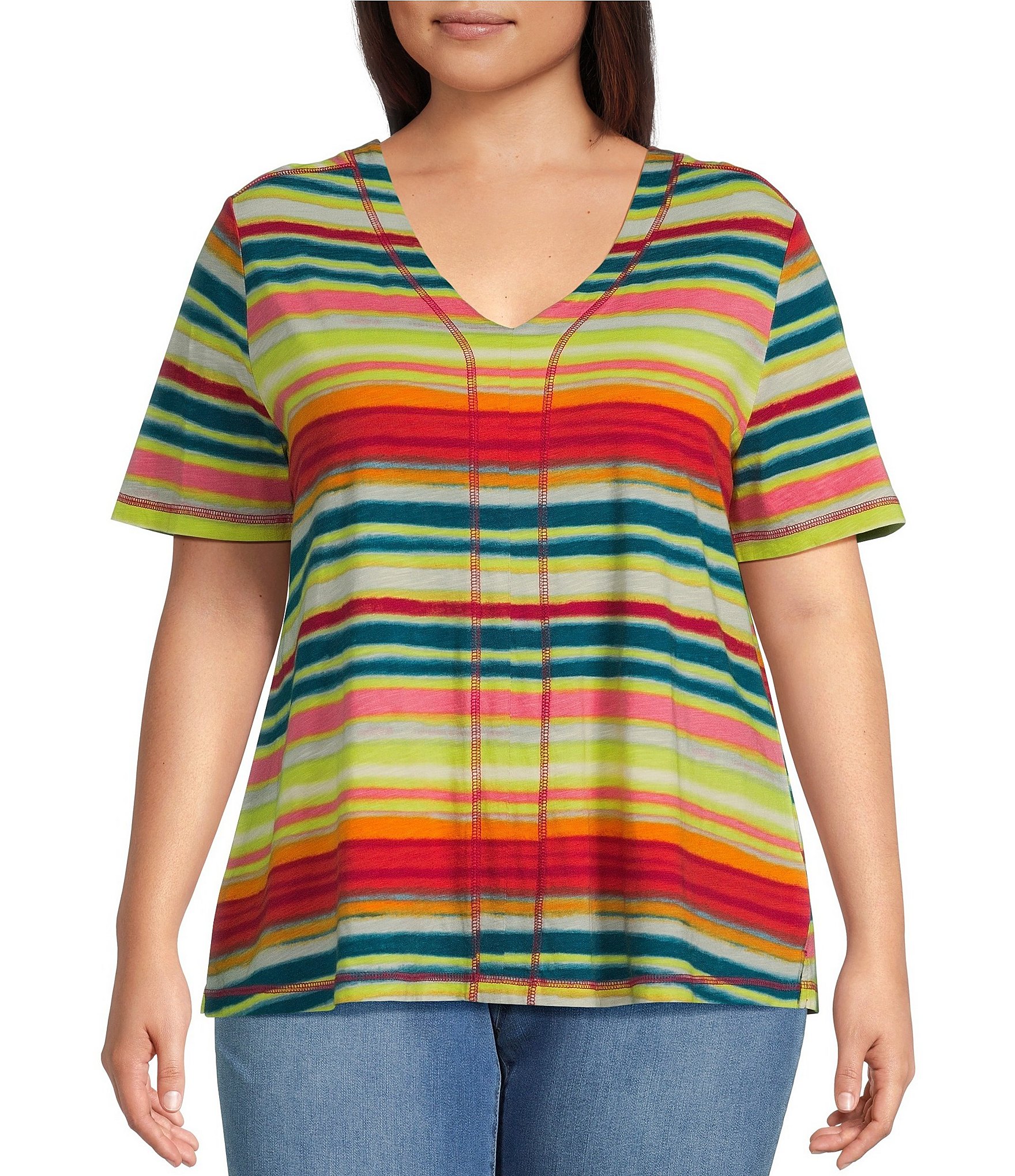 Westbound Plus Size Shimmering Stripe Short Short V-Neck Top | Dillard's