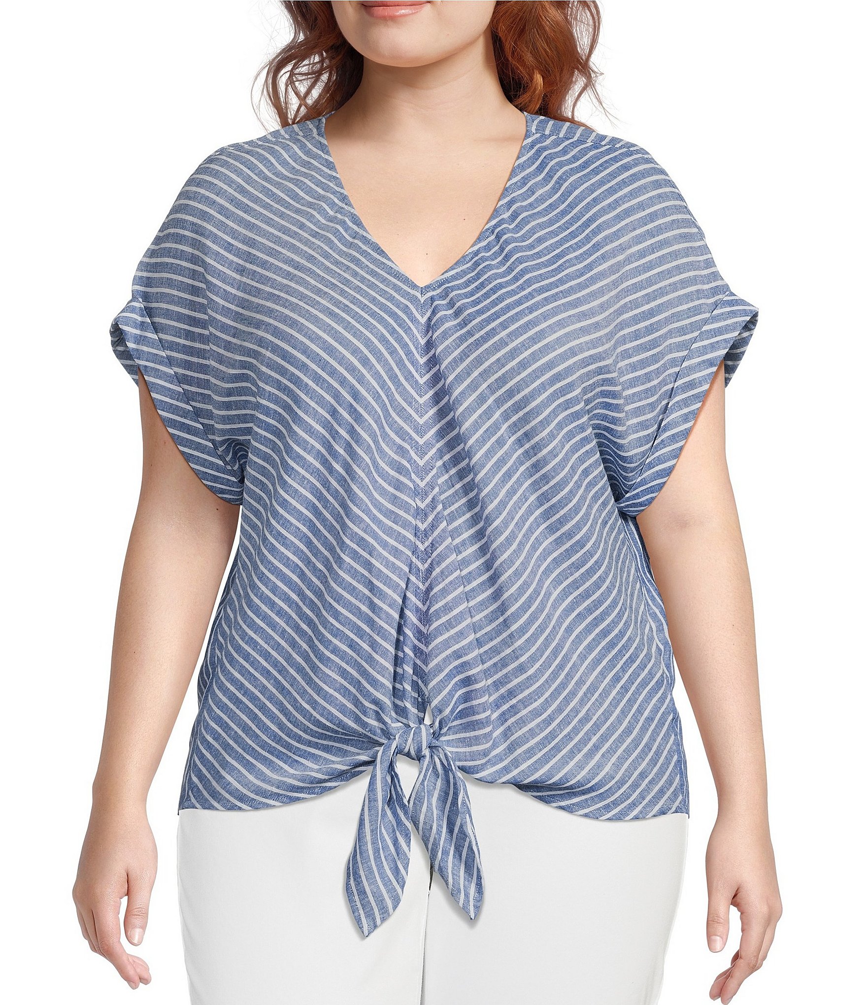 Westbound Plus Size Stripe Short Sleeve V-Neck Tie Front Top | Dillard's