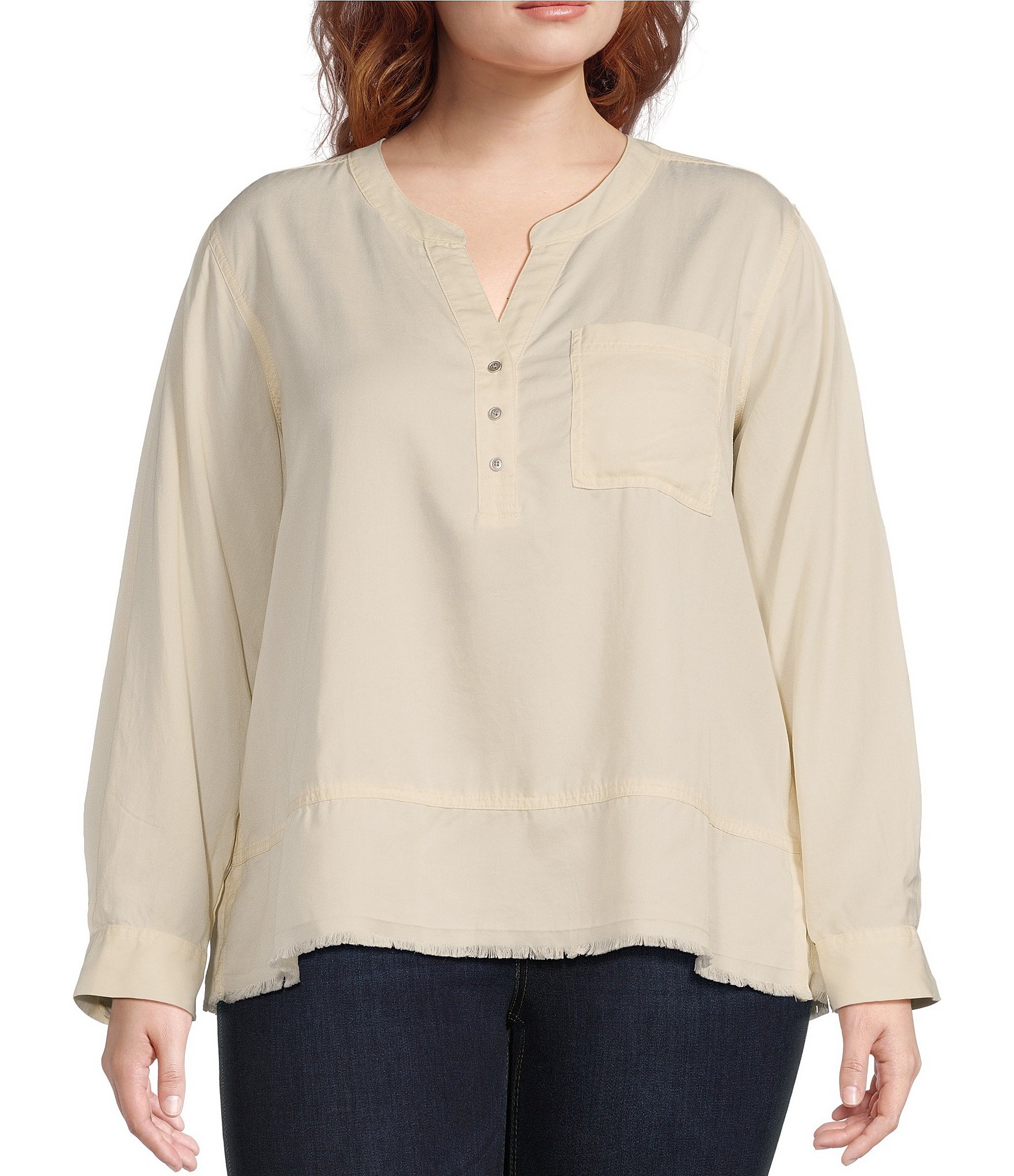 Westbound Plus Size Woven 3/4 Roll-Tab Sleeve Henley Top | Dillard's
