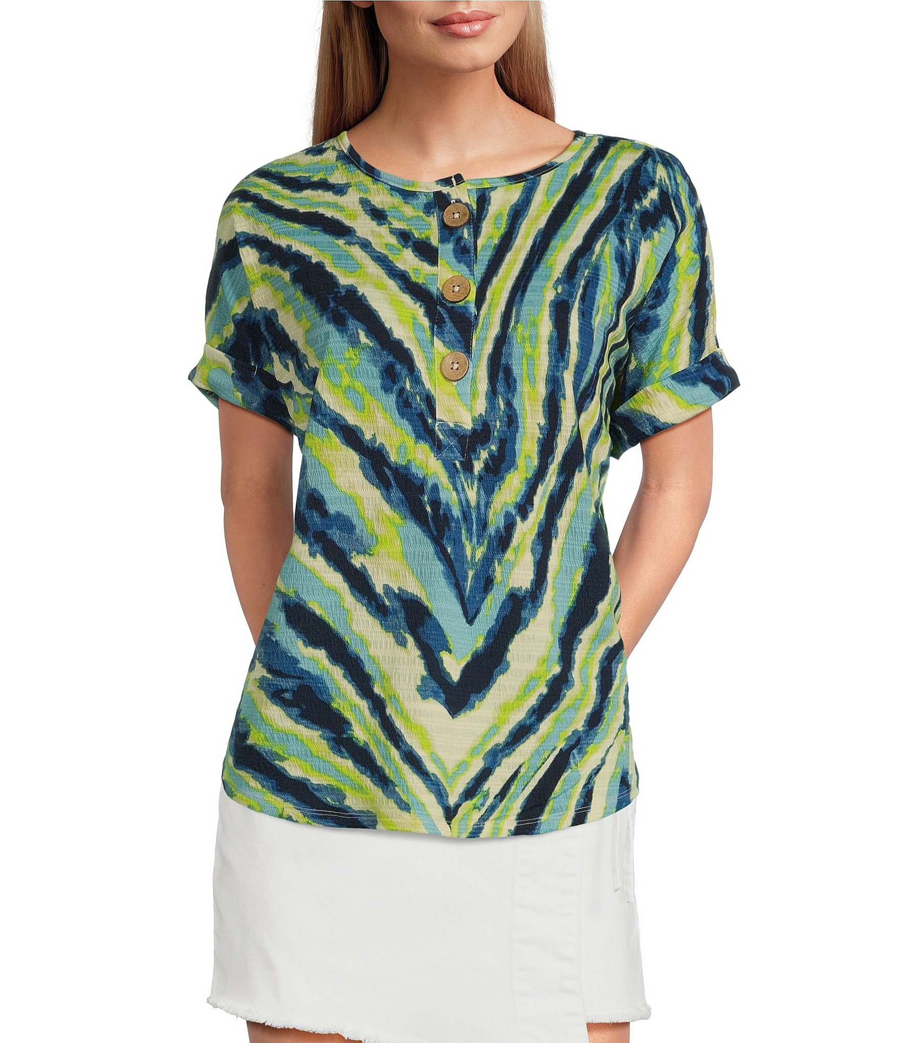 Westbound Abstract Printed Short Sleeve Henley Neckline Knit Top ...
