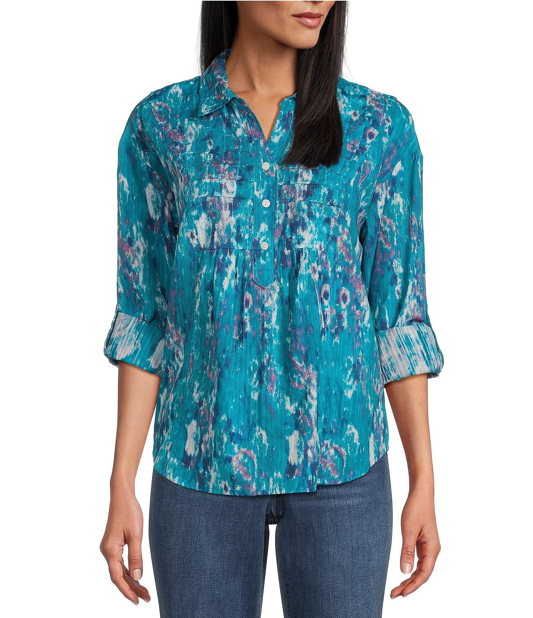 Westbound Tie-Dye Roll Tab Long Sleeve Point Collar Henley Top | Dillard's