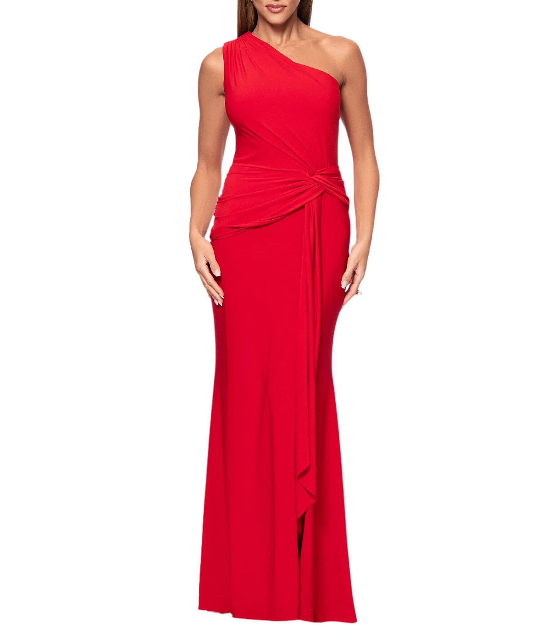Xscape One Shoulder Neck Sleeveless Ruched Front Drape Sheath Gown ...