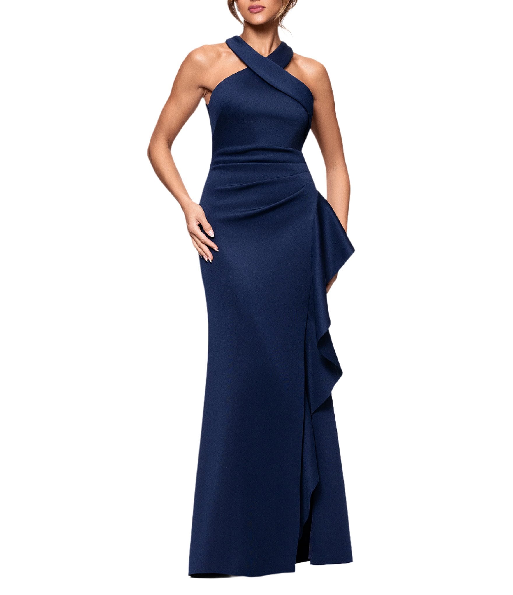 Xscape Petite Size Halter Neck Ruffle Tech Scuba Gown | Dillard's