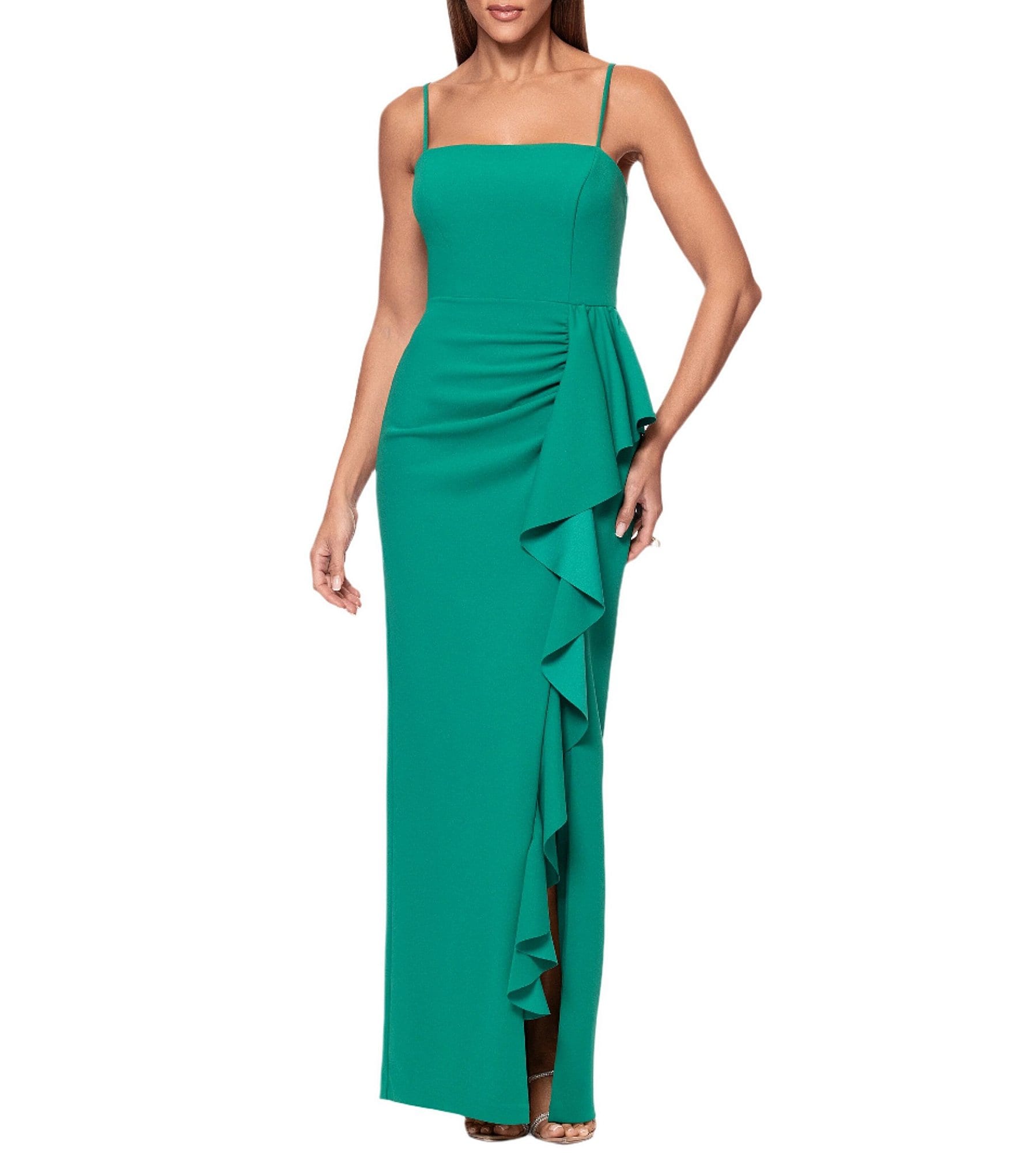 Xscape Scuba Crepe Square Neck Sleeveless Ruffle Sheath Gown | Dillard's